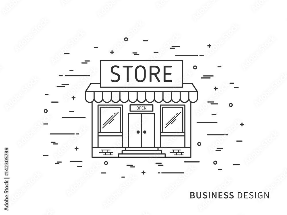 Linear exterior (landscape) design illustration of store (shop) with ...