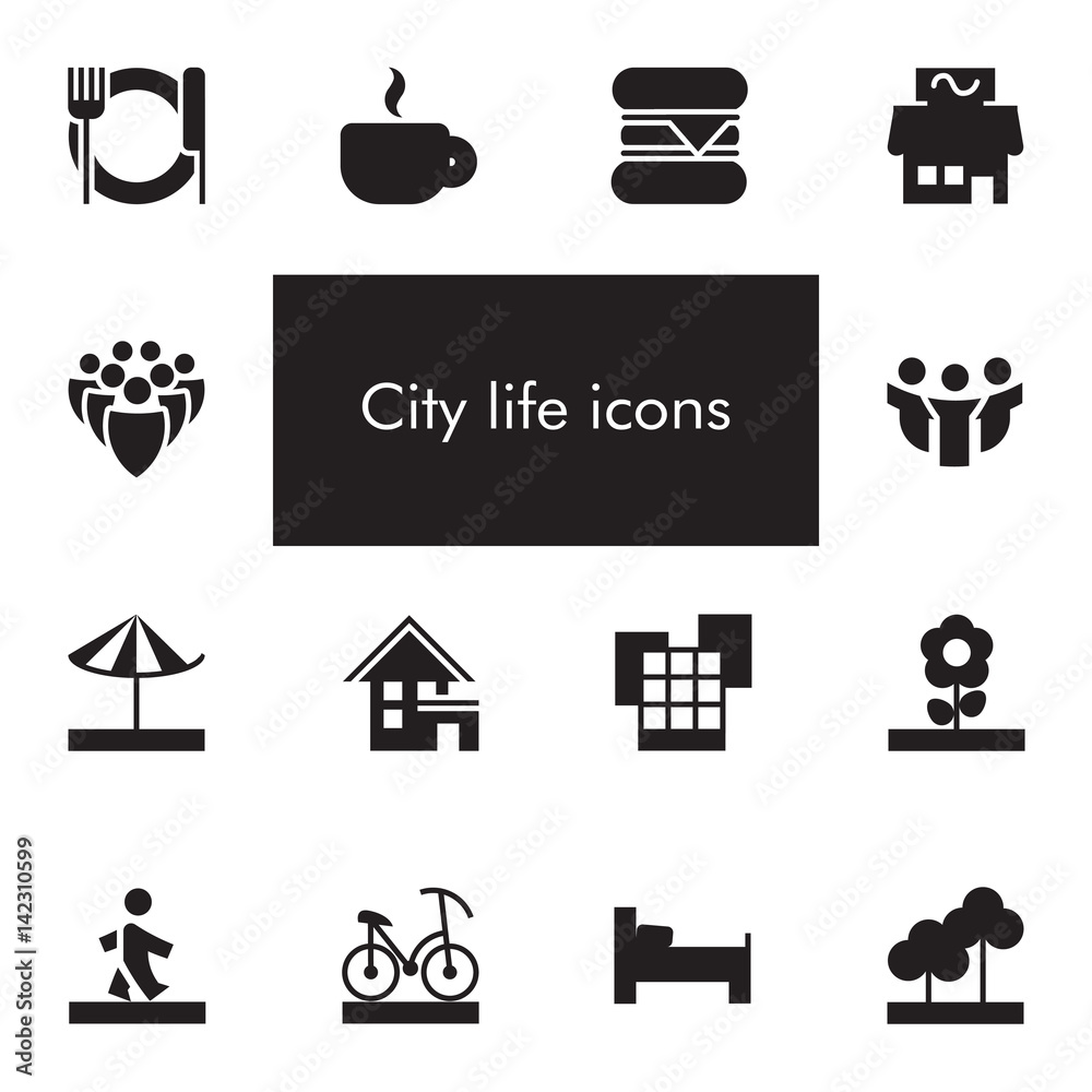 Vector set of 14 icons showing city life in one color Stock Vector ...