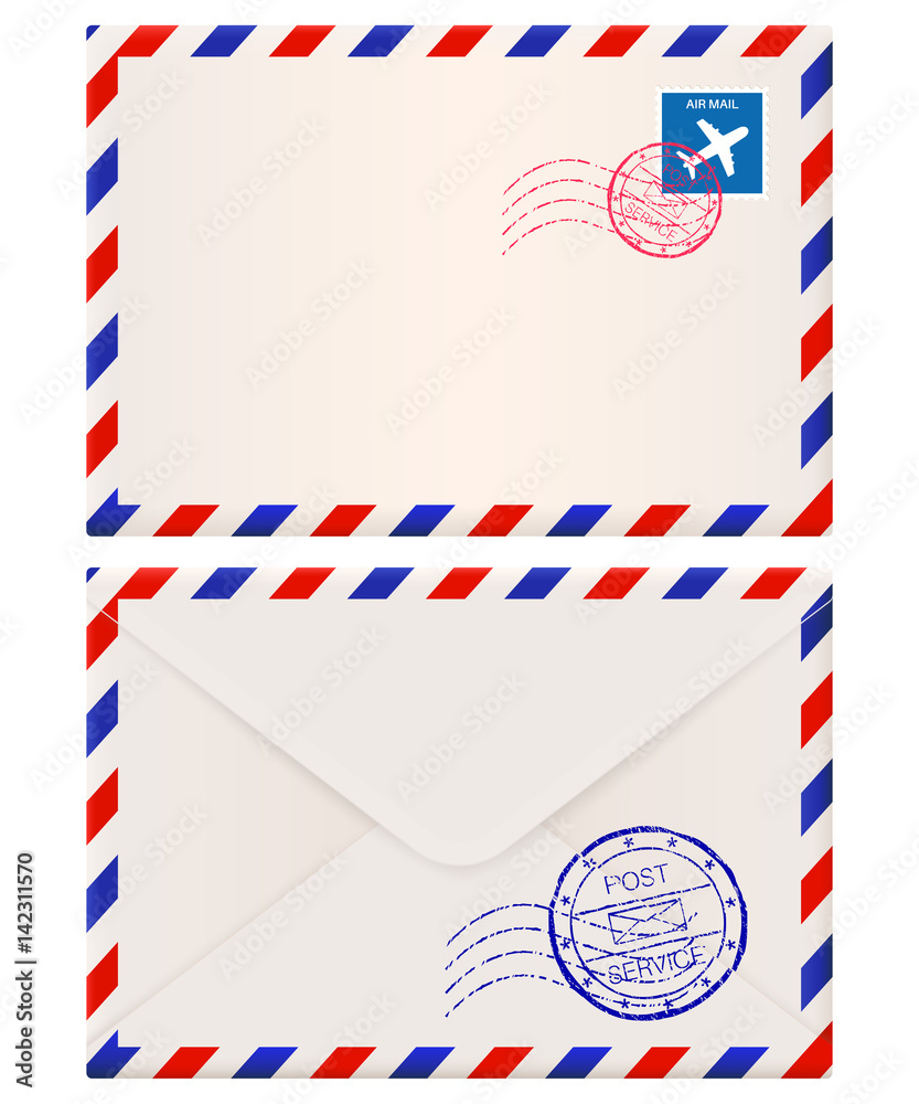 Envelope. International air mail with red and blue frame. Front and ...