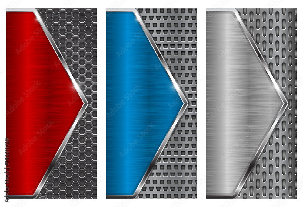 Metal brushed background with perforation. Red, blue and silver flyer ...