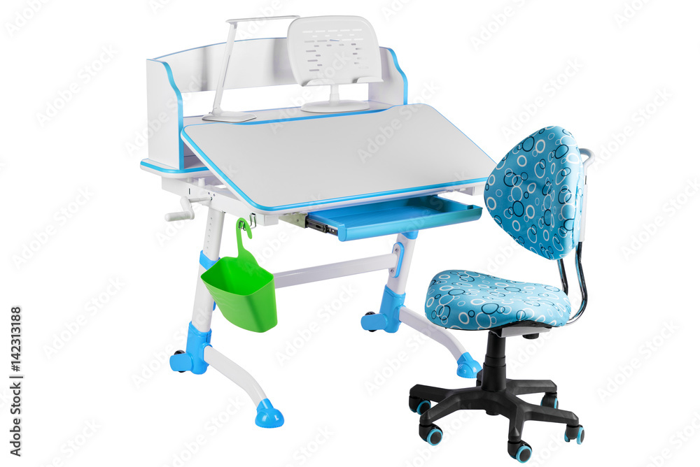 Blue chair, blue school desk, green basket and desk lamp Stock Photo ...