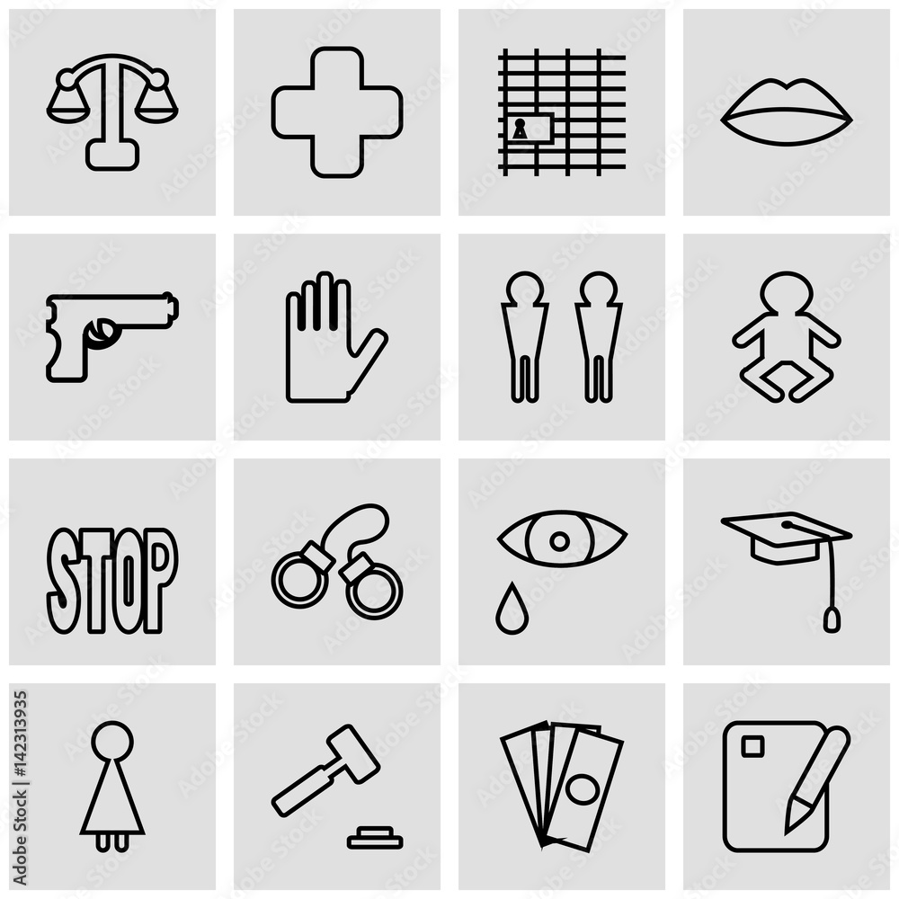 Violation of an individual's rights. Set of vector web icons of the ...