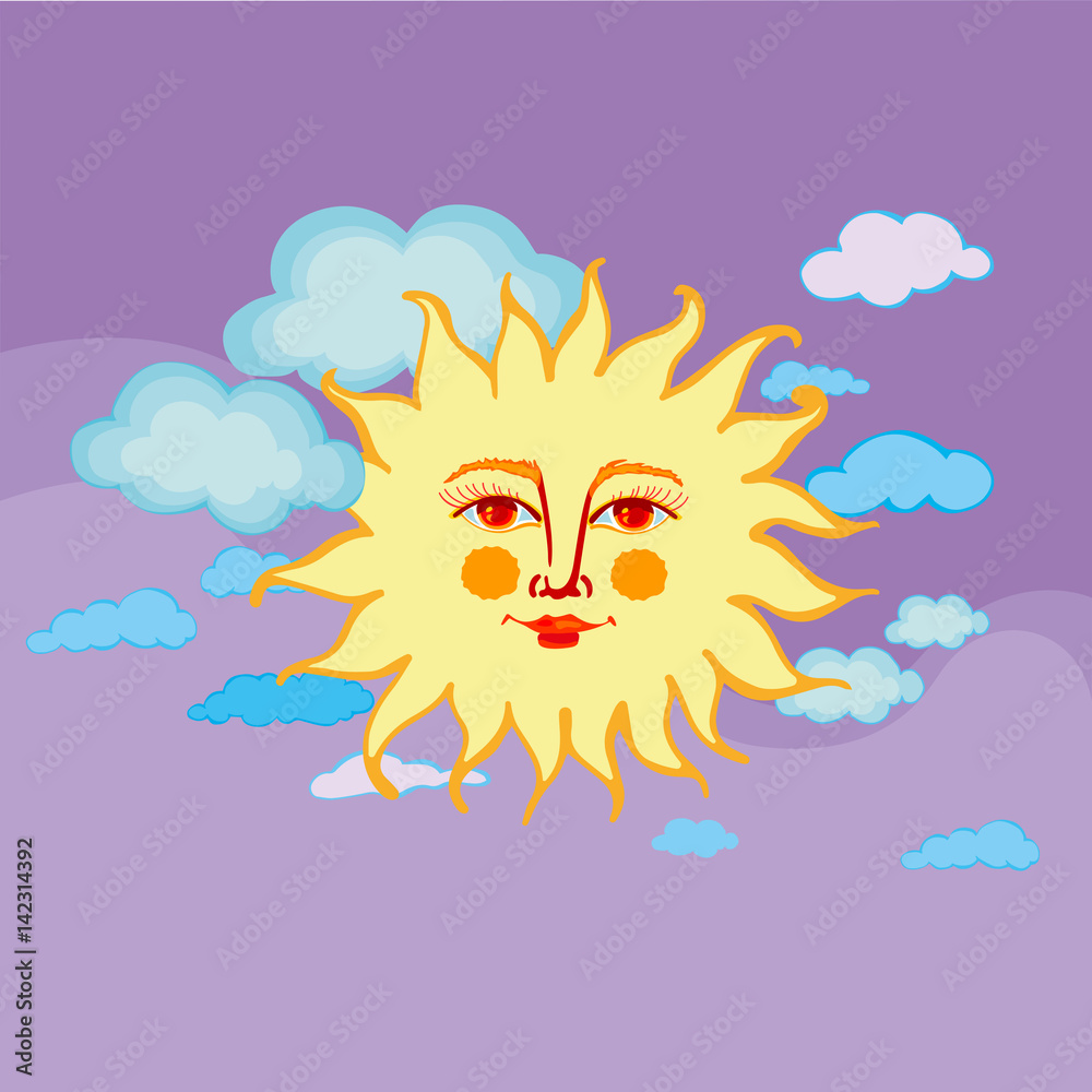 Sun with human face and sun rays in sky with clouds. Vector ...