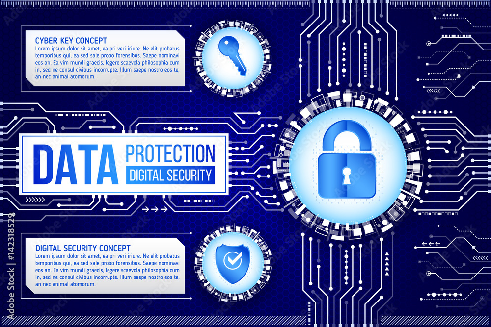 Digital technology concept of background with shield, eye and hacker ...