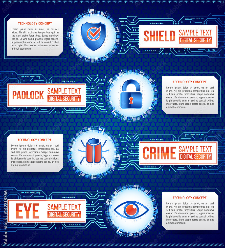 Digital technology concept of background with shield, key, hacker bug ...