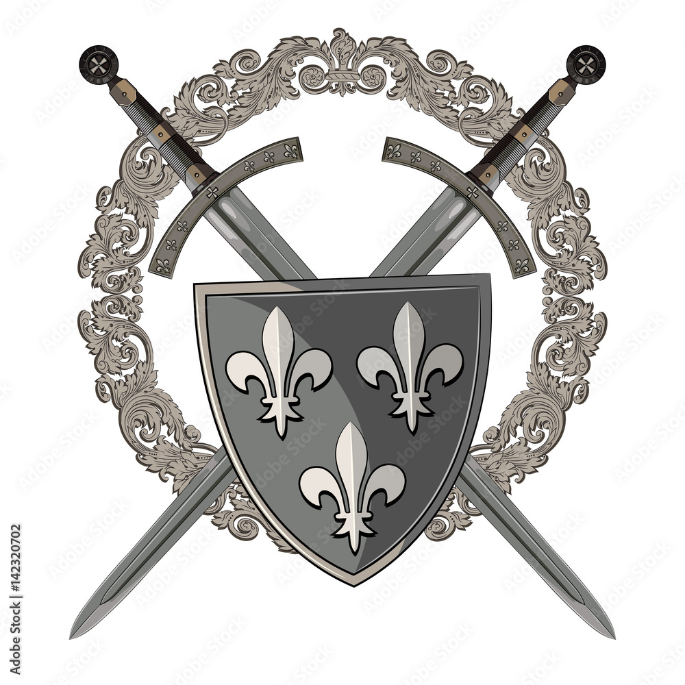 Knight sword. Two crossed knight of the sword in the frame of medieval ...