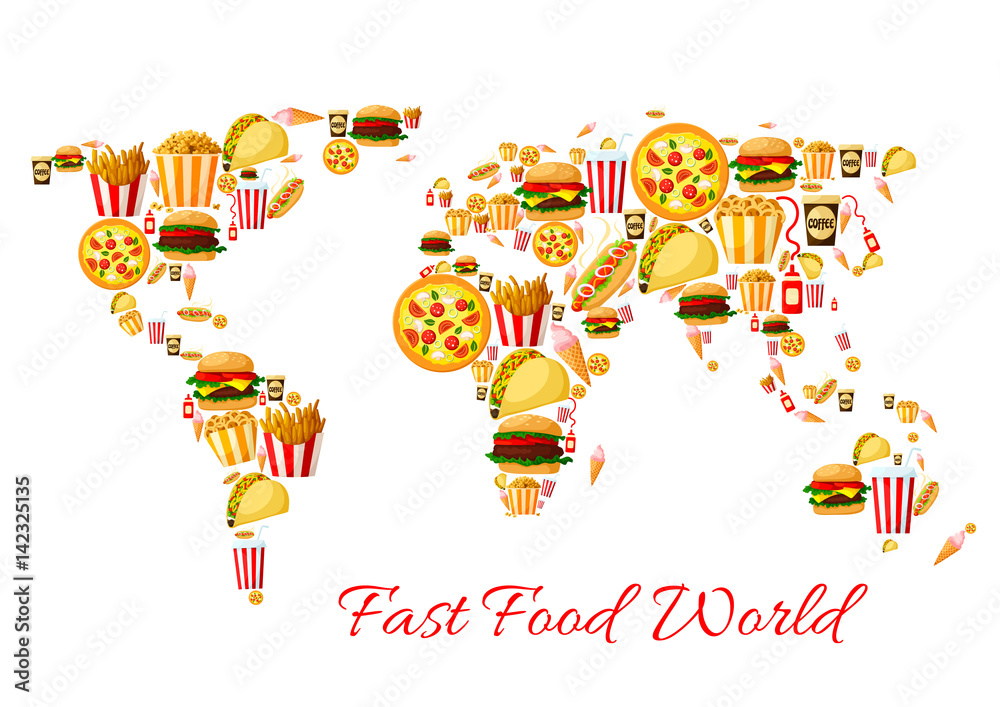 Fast food world map cartoon poster design Stock Vector | Adobe Stock