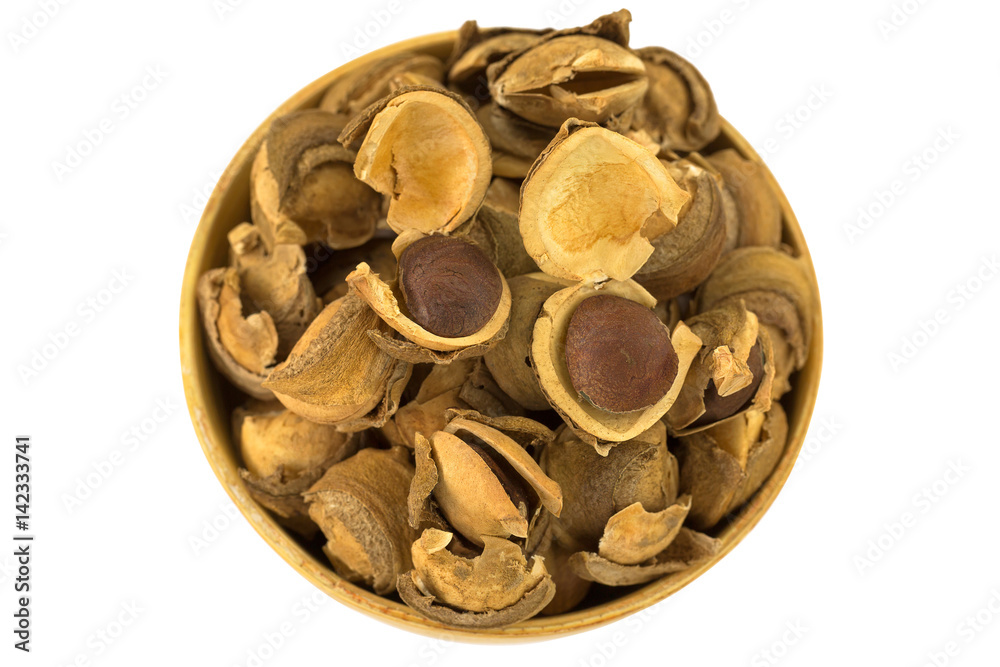 Closeup of seed and shell covers of Sacha inchi peanut, capsult fruit ...