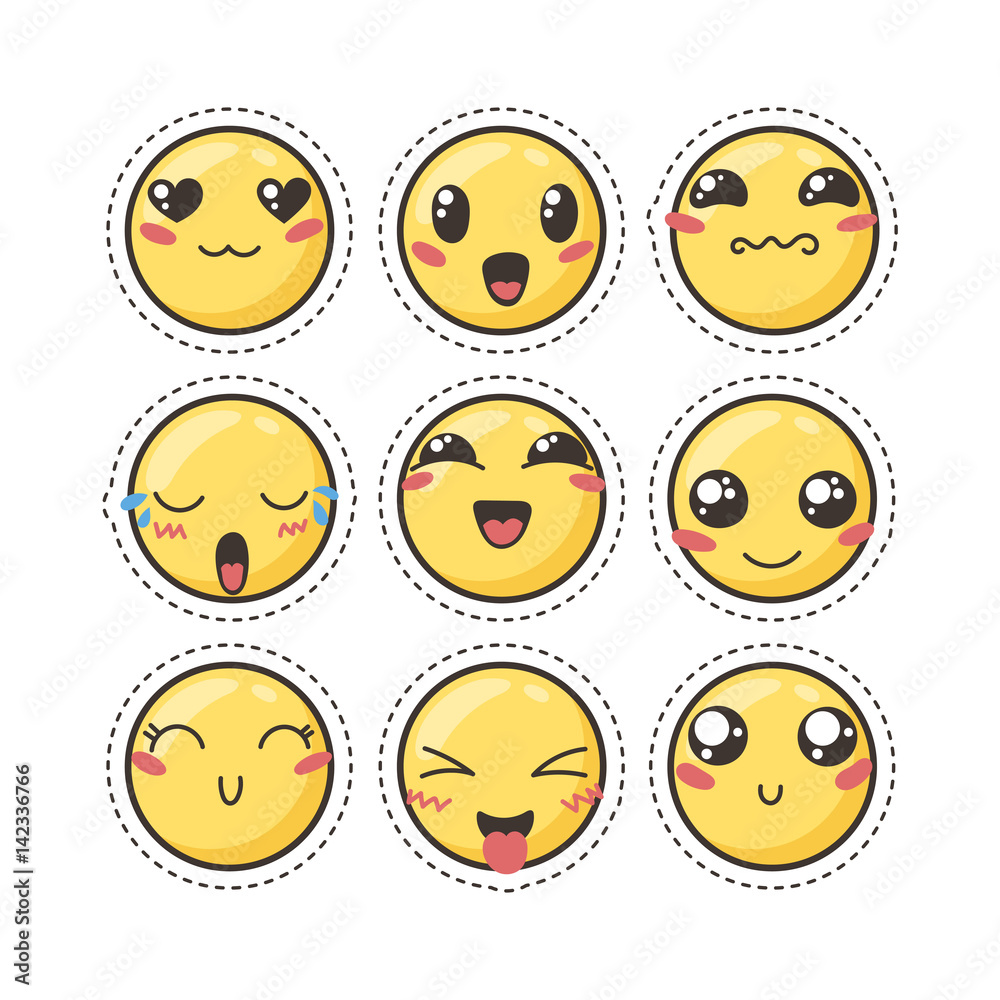 Set of cute lovely kawaii emoticon. Sticker collection. Stock Vector ...