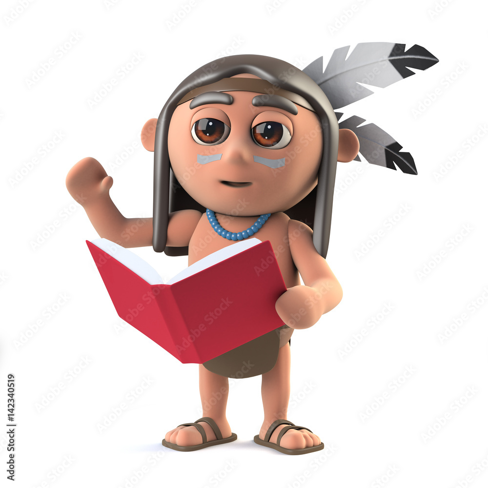 3d Funny cartoon Native American Indian boy is reading a book Stock ...