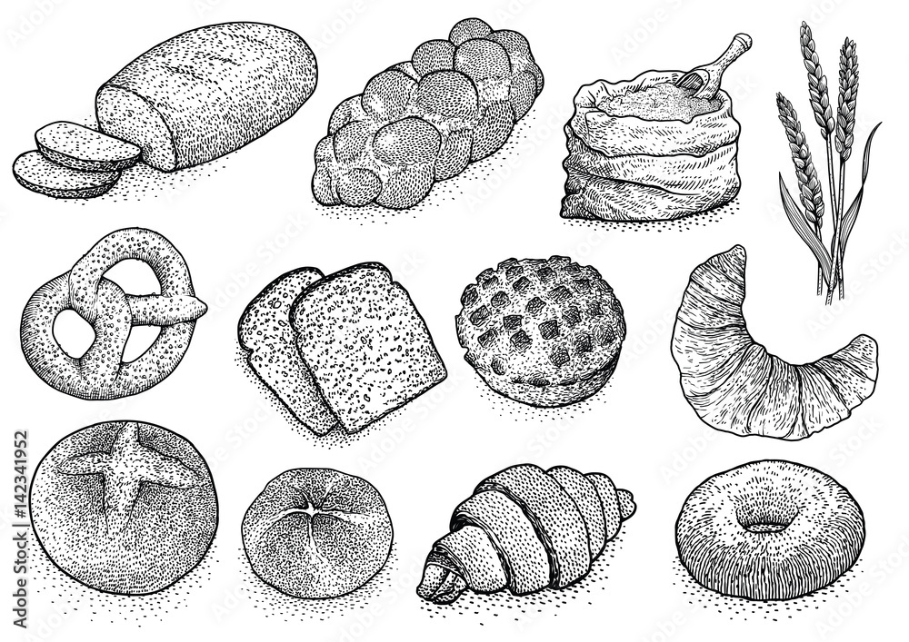 Bakery products illustration, drawing, engraving, ink, line art, vector ...