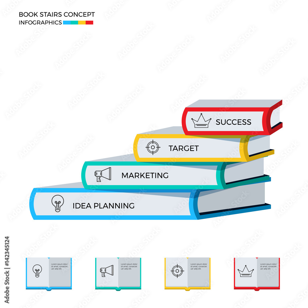 Successful book stairs infographics template. Stairs step made of books ...