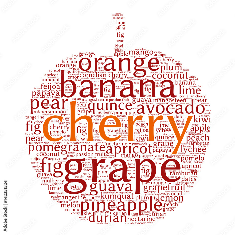 Cherry. Word cloud in shape of berry, white background. Natural food ...