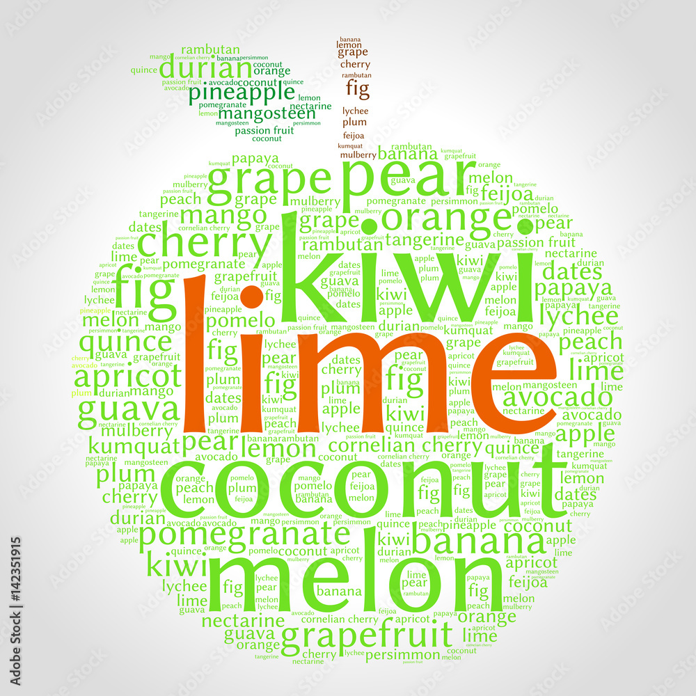 Lime. Word cloud in shape of fruit, grey gradient background. Natural ...