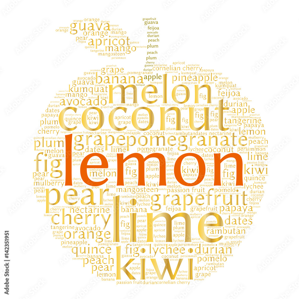 Lemon. Word cloud in shape of fruit, white background. Natural food ...