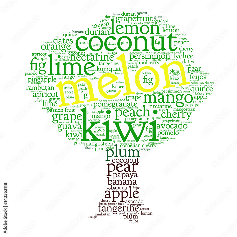 Melon. Word cloud in shape of tree, white background. Fruit. Stock ...