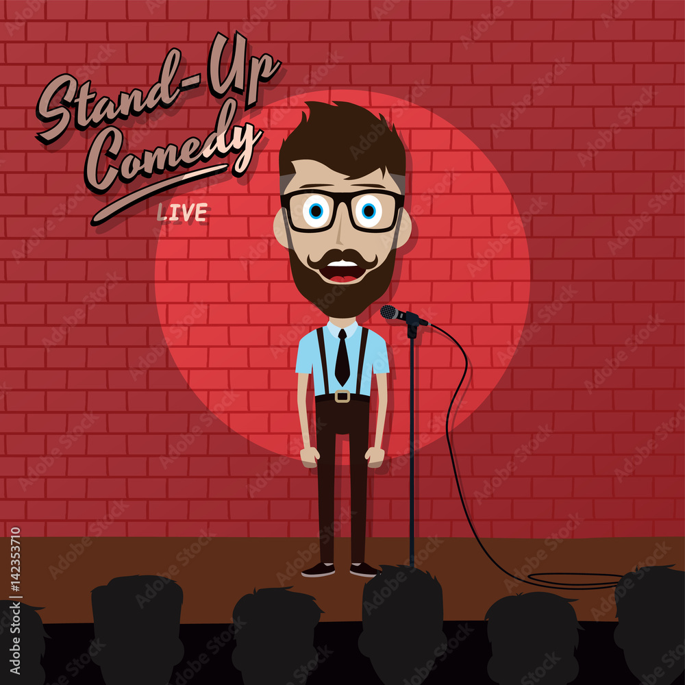 adult male stand up comedian cartoon character on red brick stage with ...