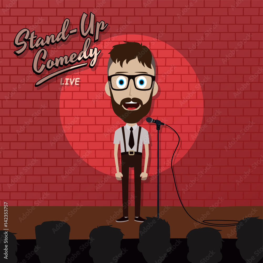 adult male stand up comedian cartoon character on red brick stage with ...