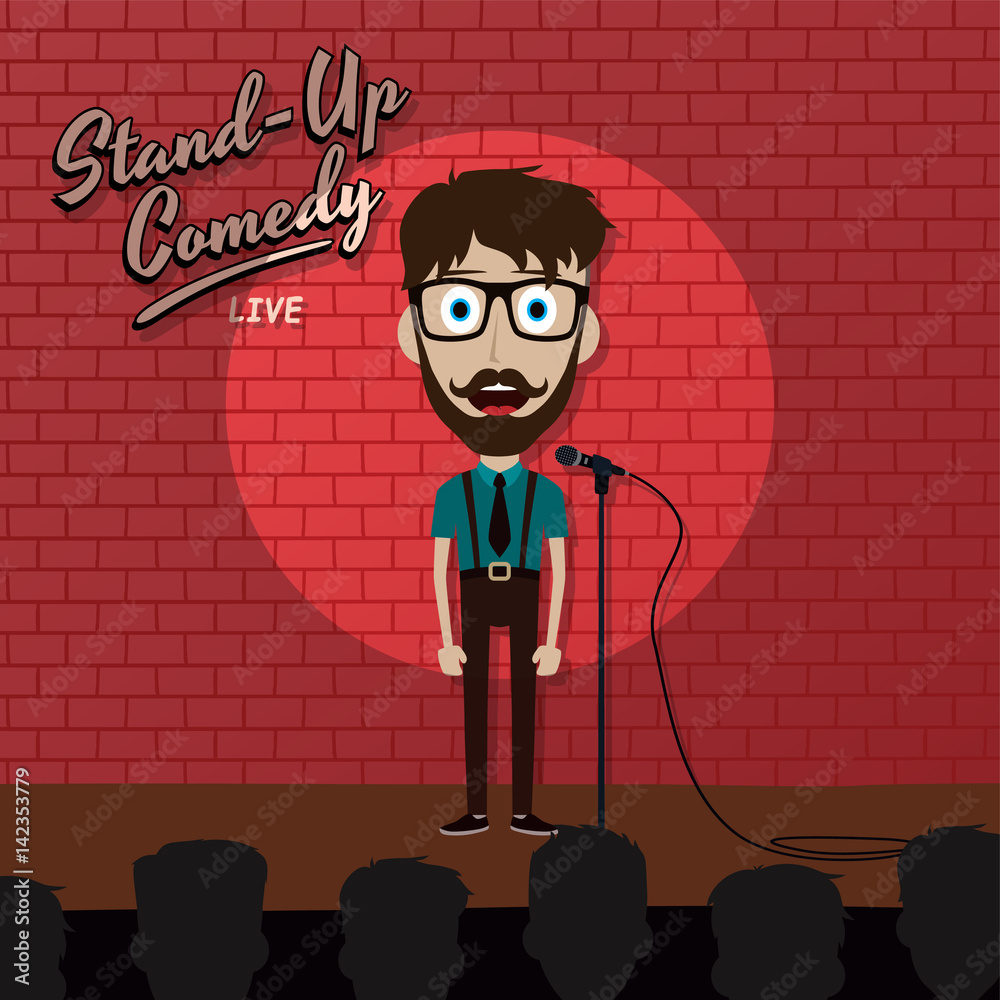 adult male stand up comedian cartoon character on red brick stage with ...