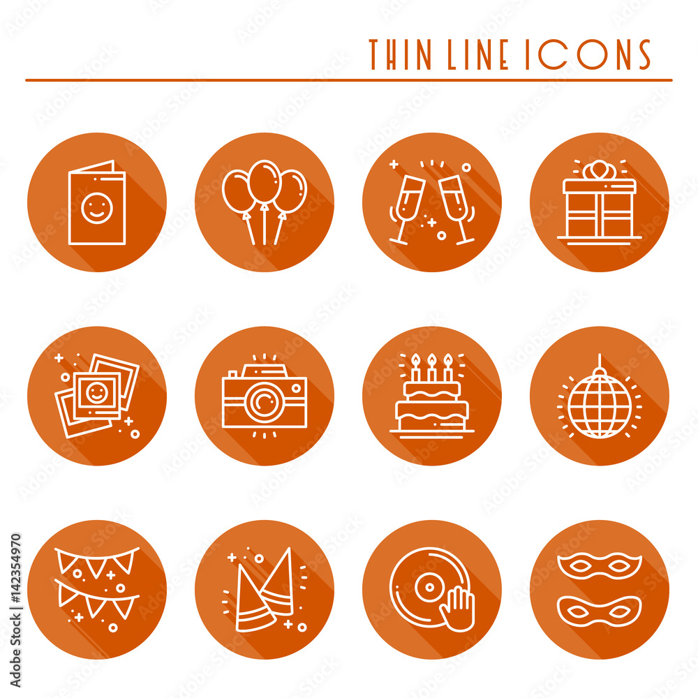 Party celebration thin line icons set. Birthday, holidays, event ...