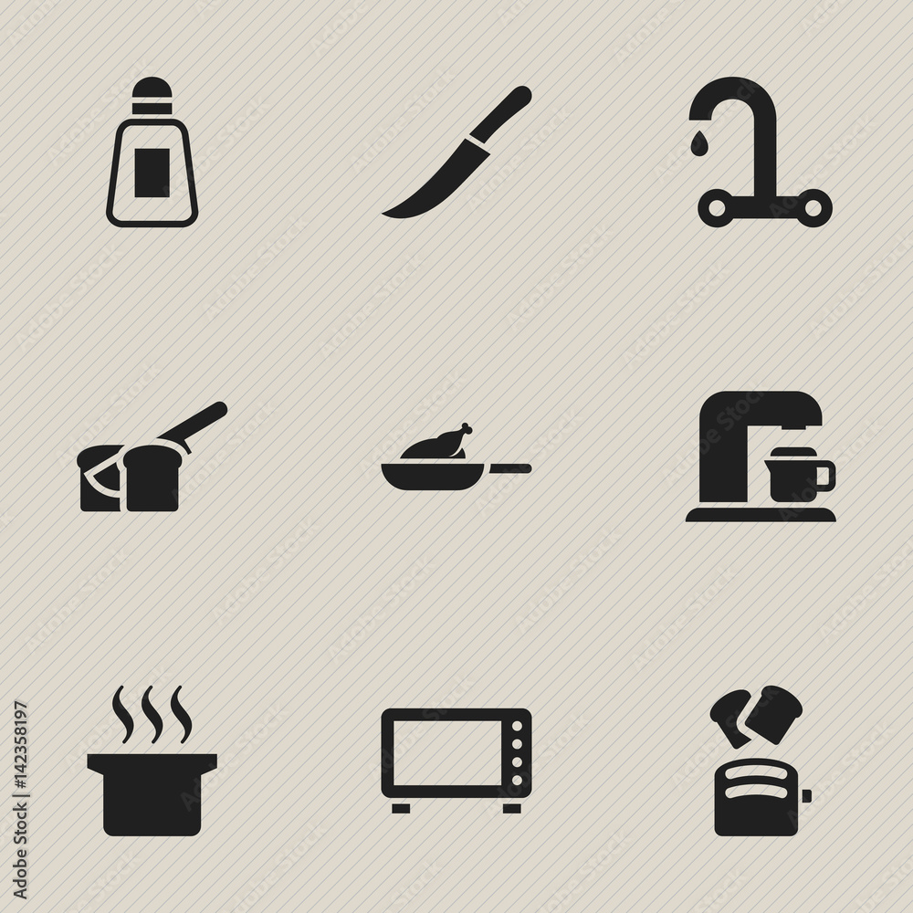 Set Of 9 Editable Food Icons. Includes Symbols Such As Faucet, Slice ...