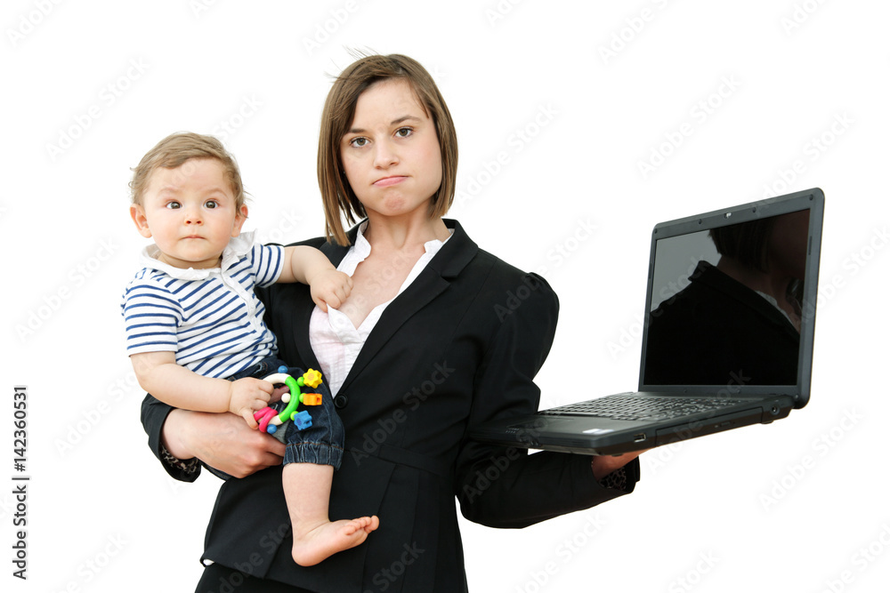 Lovely young working mother and her baby, Work Life Balance Concept ...