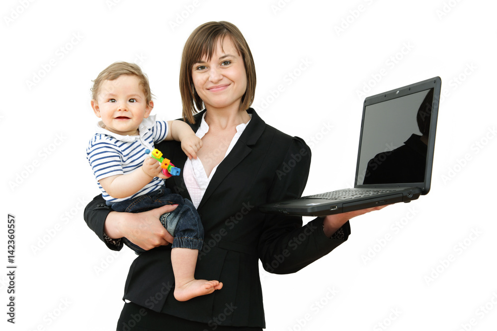 Lovely young working mother and her baby, Work Life Balance Concept ...