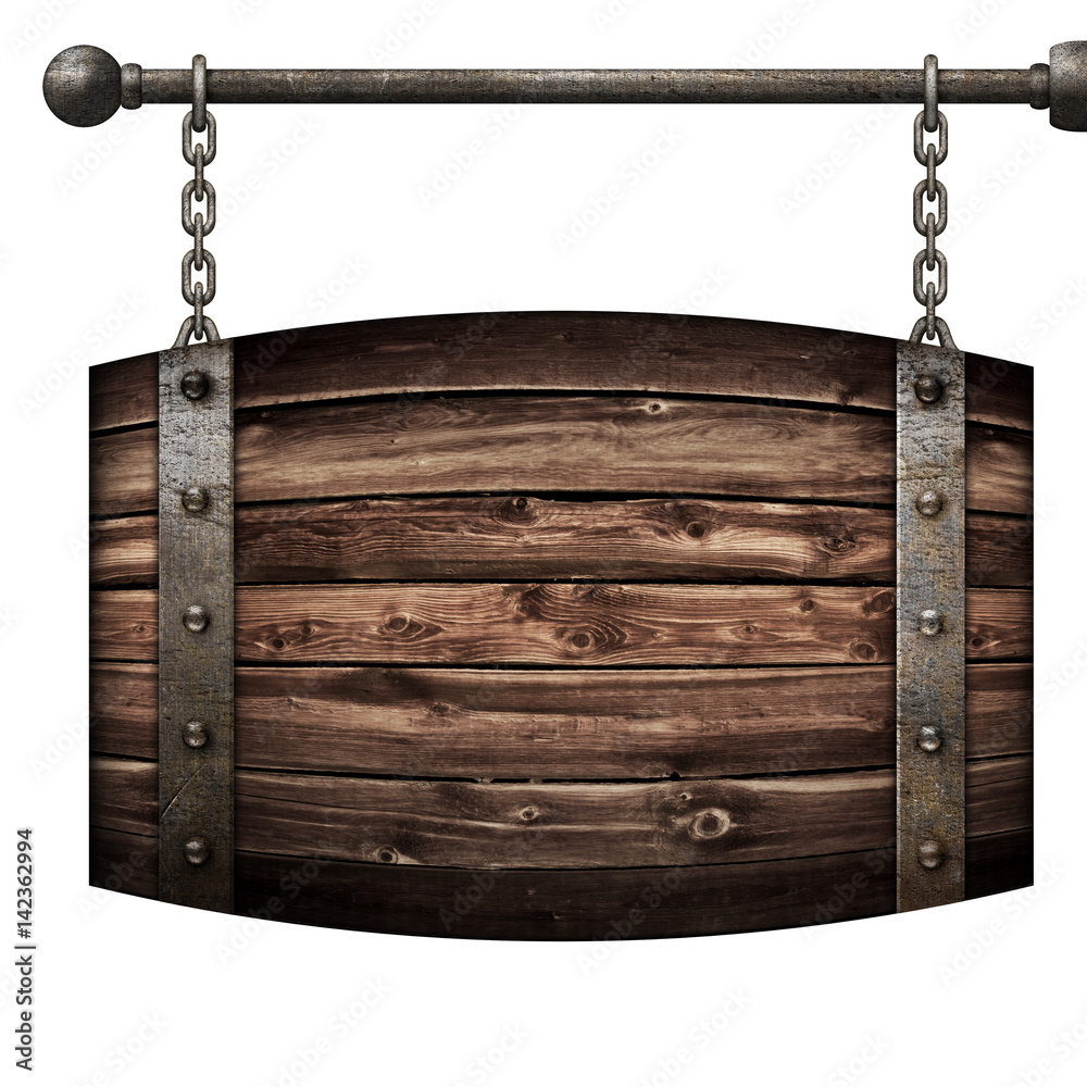 Wooden barrel medieval signboard hanging on chains isolated 3d ...