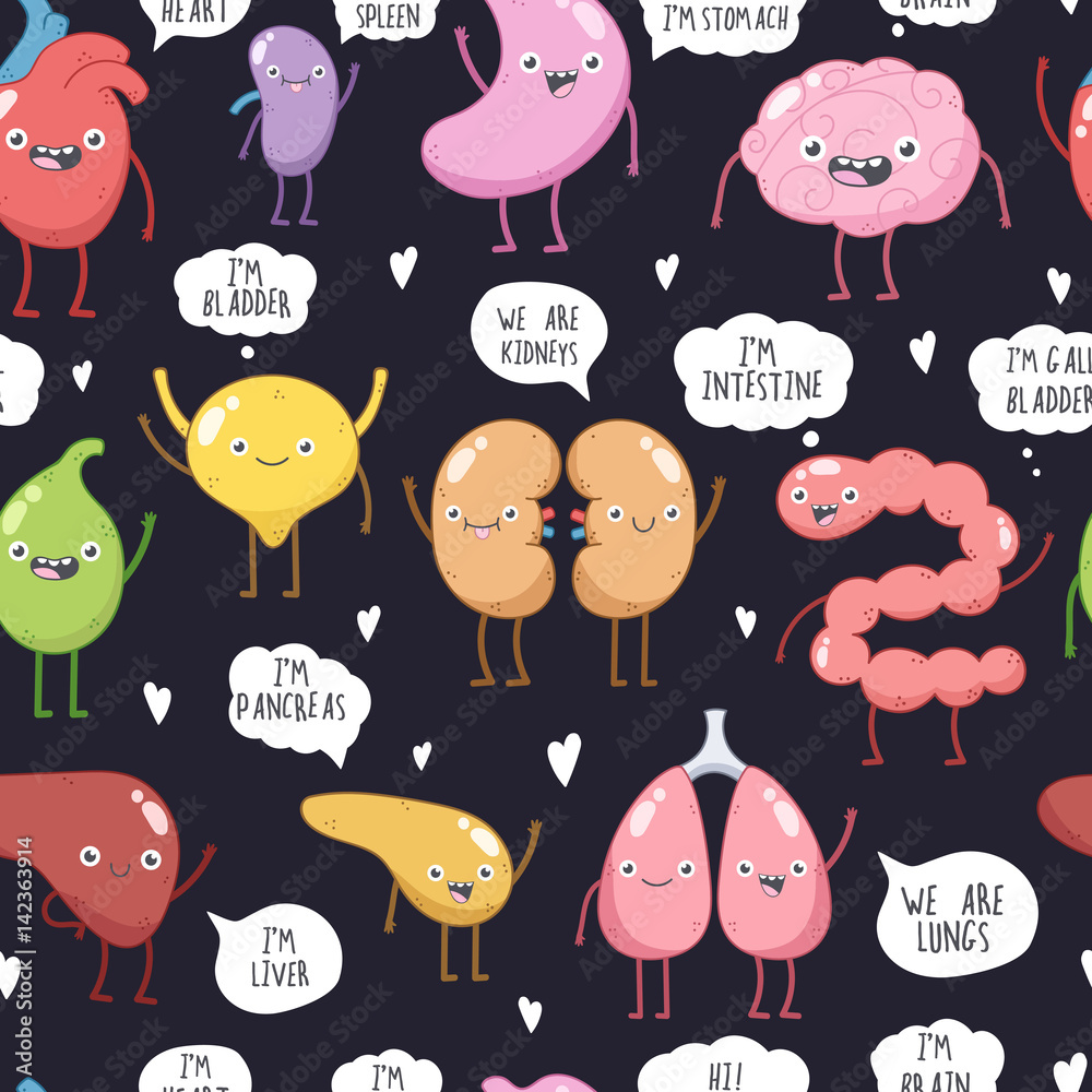 Vector seamless pattern with cartoon characters. Human internal organs ...