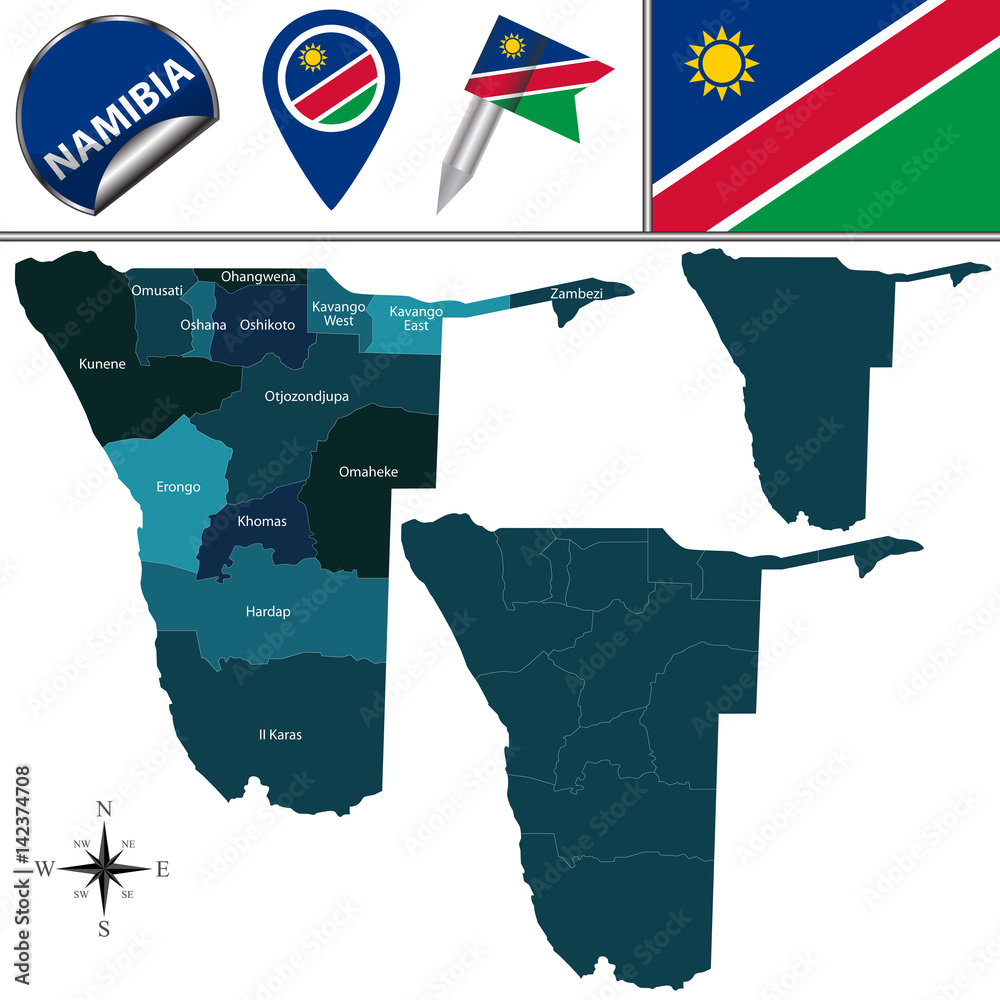 Map of Namibia with Named Regions Stock Vector | Adobe Stock