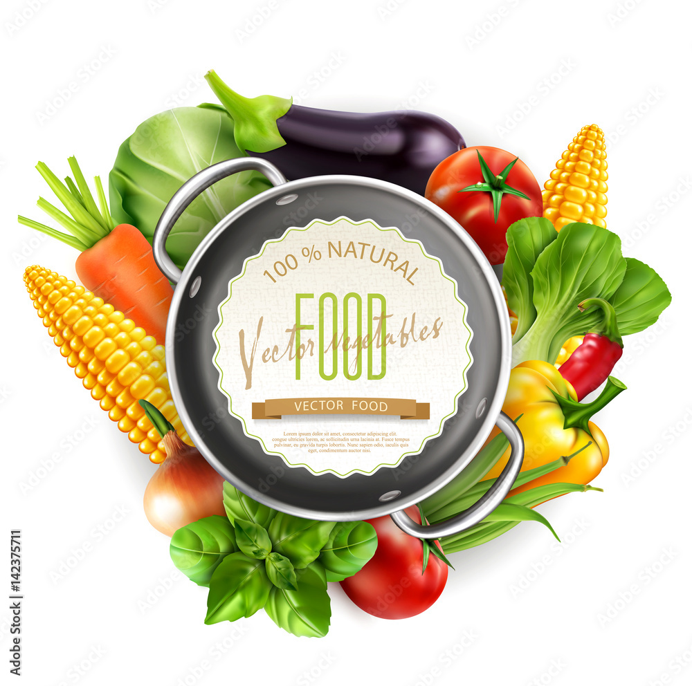 Vector menu pattern with vegetables (carrots, cabbage, basil, tomato ...