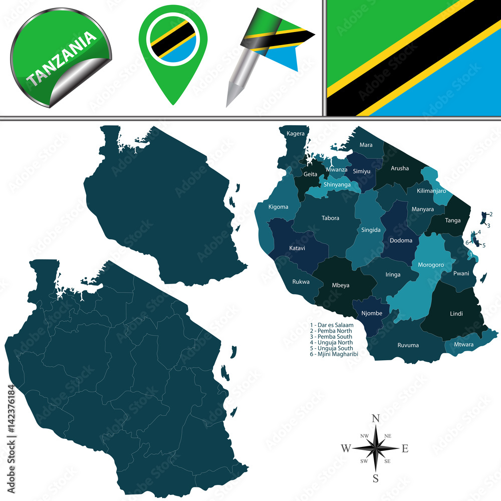 Map of Tanzania with Named Regions Stock Vector | Adobe Stock
