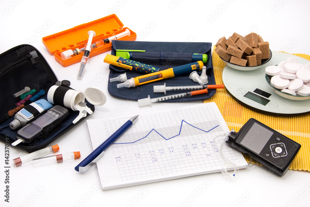 Fotka „Diabetic items - Diabetes care, concept, test, monitor ...
