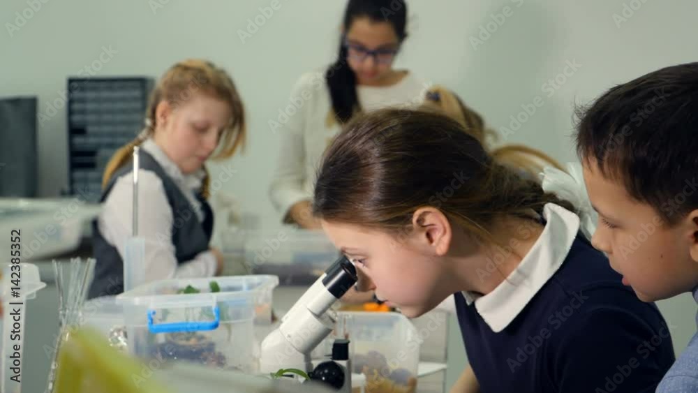 Children studing biology, chemistry in elementary school biology class. Looking into a ...