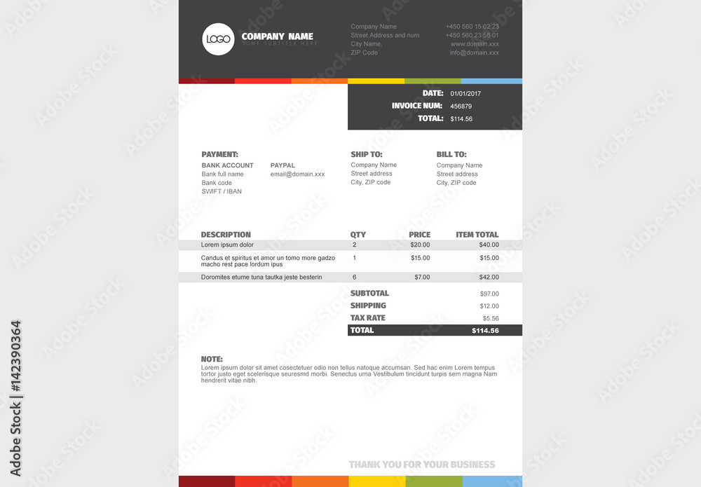 Business Invoice Layout with Color Bar Border Stock Template | Adobe Stock