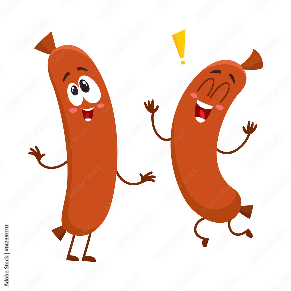 two cute and funny sausage character with human face jumping excitedly ...