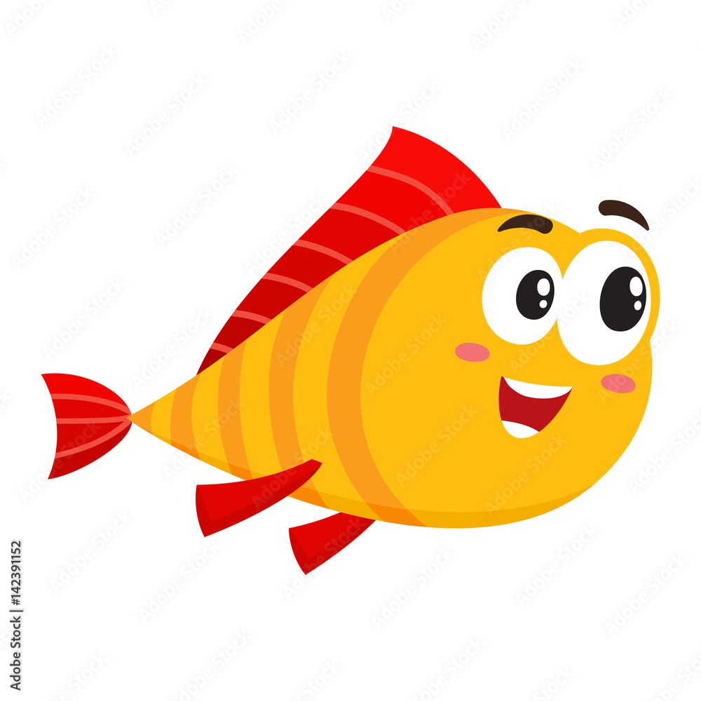 Cute, funny golden, yellow fish character with human face rushing ...