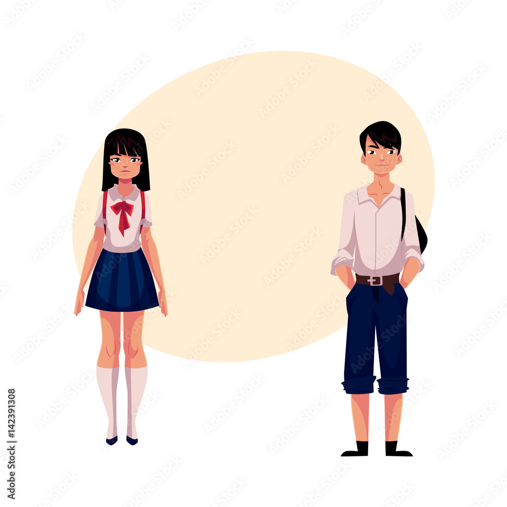 Typical teenage Japanese students, schoolgirl and schoolboy, in typical ...