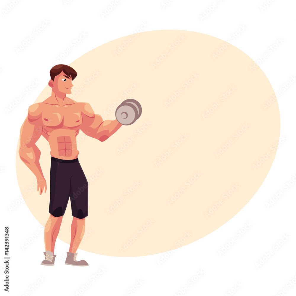 Young shirtless man, male bodybuilder, weightlifter doing bicep workout ...