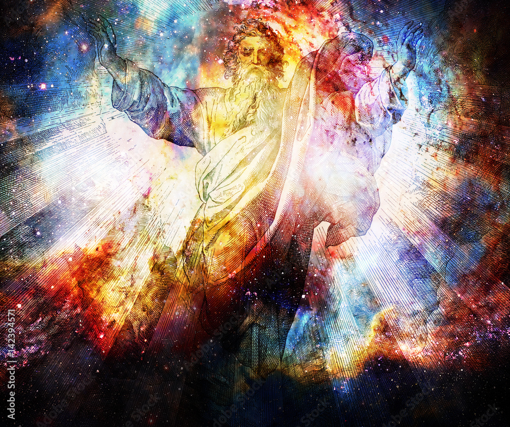 God creator creating the world, graphic collage from engraving of ...