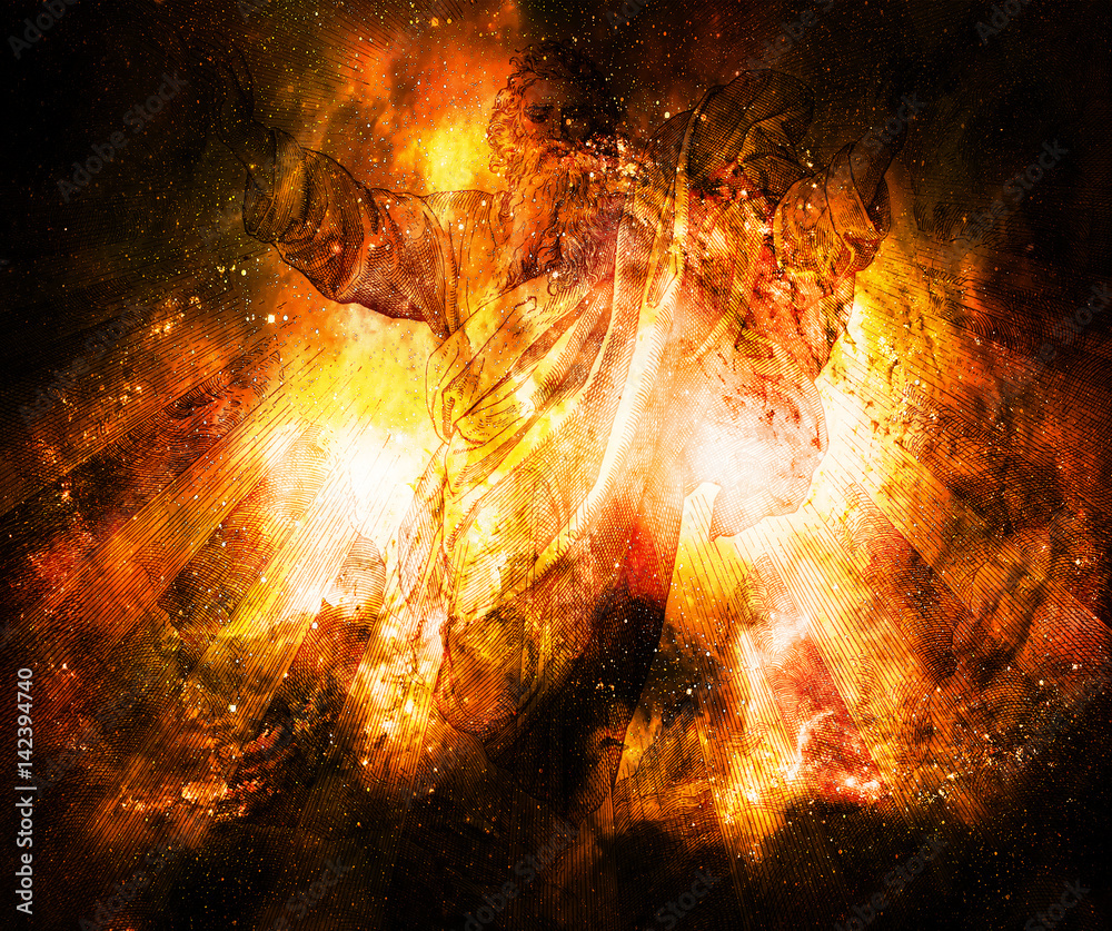 God creator creating the world, graphic collage from engraving of ...