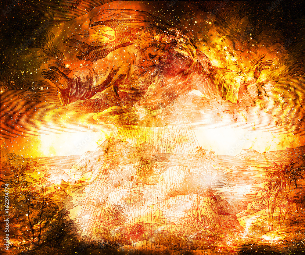 Poster God creator creating the water and earth, graphic collage from ...