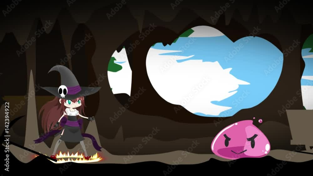 Seamless animation cartoon of a cute girl witch sorcerer warrior ...