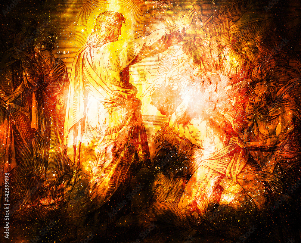 Jesus restores possesed man, graphic collage from engraving of ...