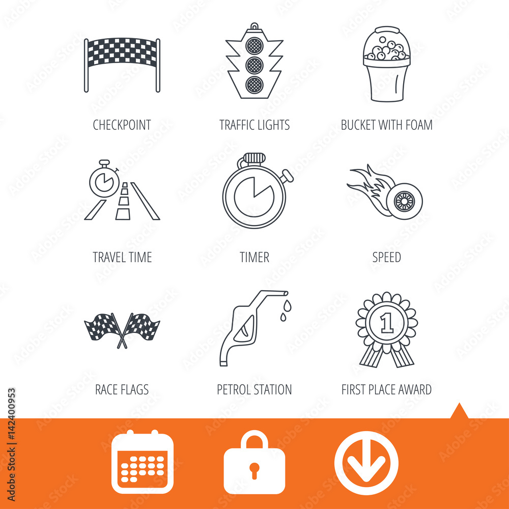 Race flags and speed icons. Winner medal, checkpoint and traffic lights ...