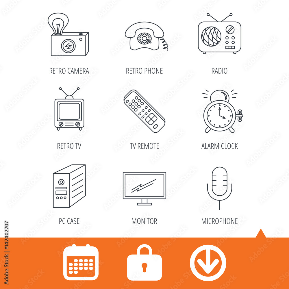 Retro camera, radio and phone call icons. Monitor, PC case and ...