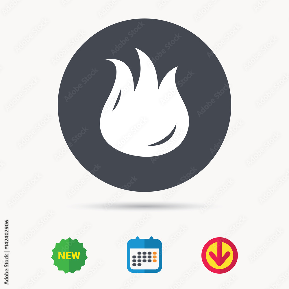 Fire icon. Blazing bonfire flame symbol. Calendar, download arrow and ...