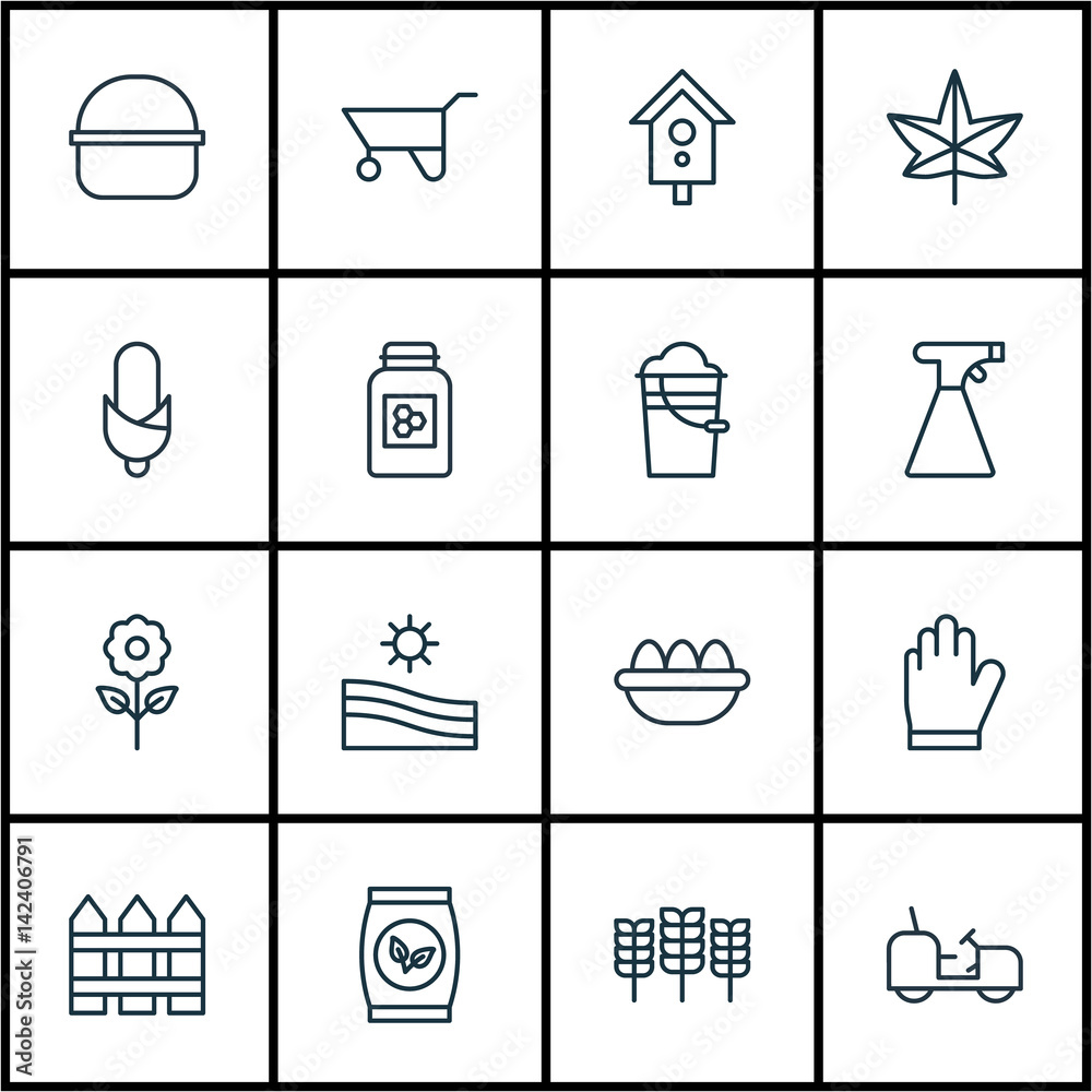 Set Of 16 Garden Icons. Includes Wheelbarrow, Agrimotor, Decorative ...
