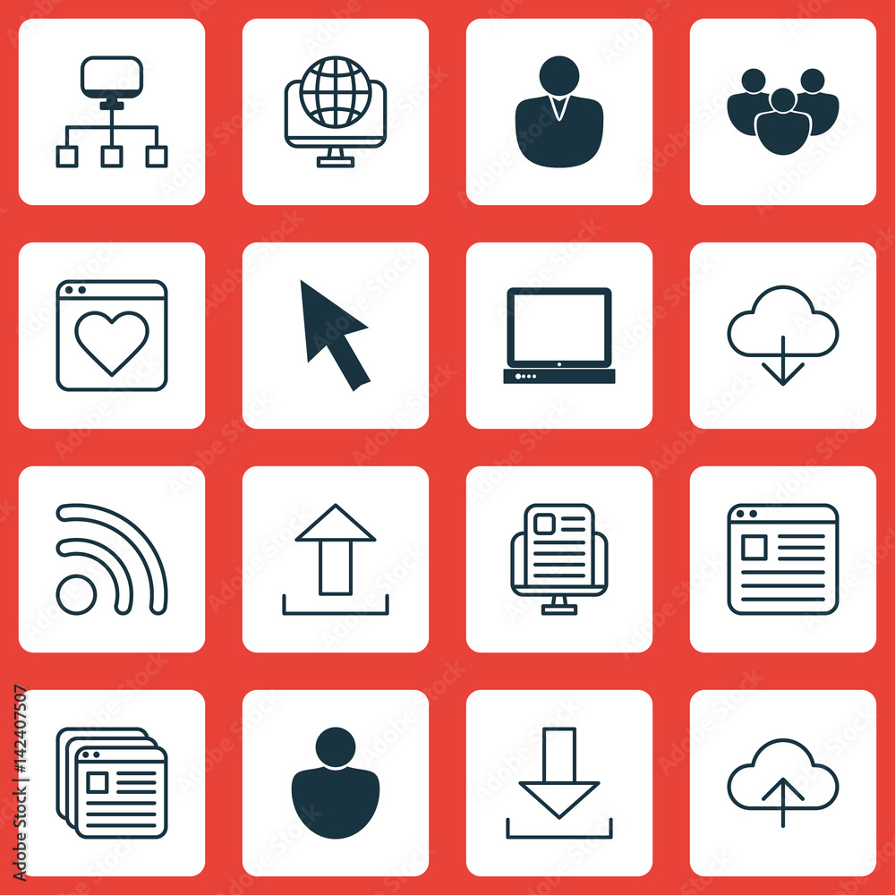 Set Of 16 Internet Icons. Includes Wifi, Save Data, Computer Network ...