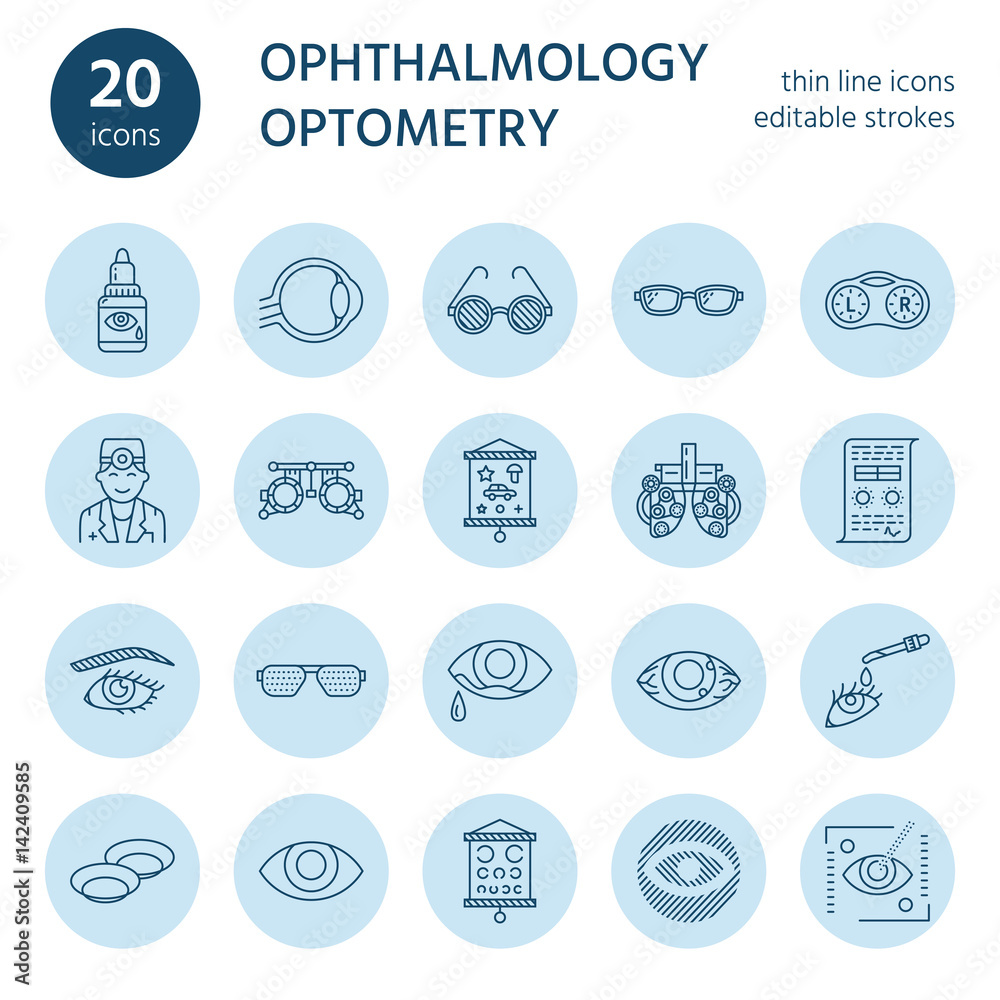 Ophthalmology, eyes health care line icons. Optometry equipment ...